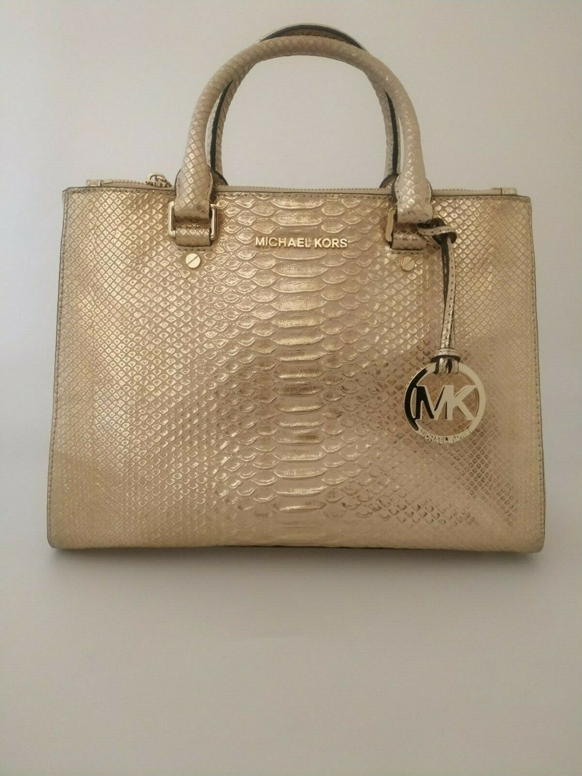 MK Michael Kors Gold Sutton Python-Pattern Leather Satchel Bag - Earth ...
